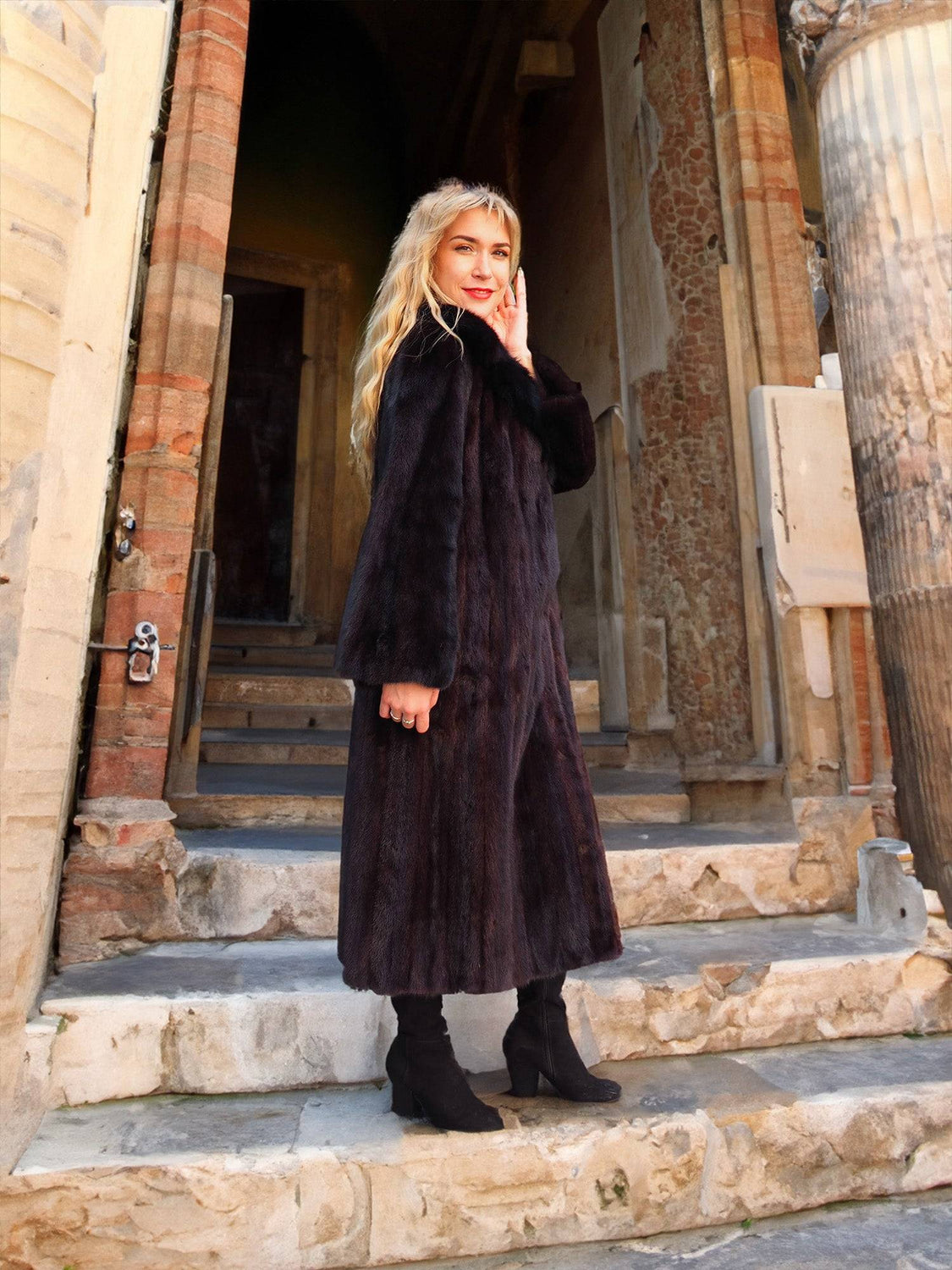 Dark Ranch Black Mink Coat with Fox Collar - M/L– Purple Shoshana Furs