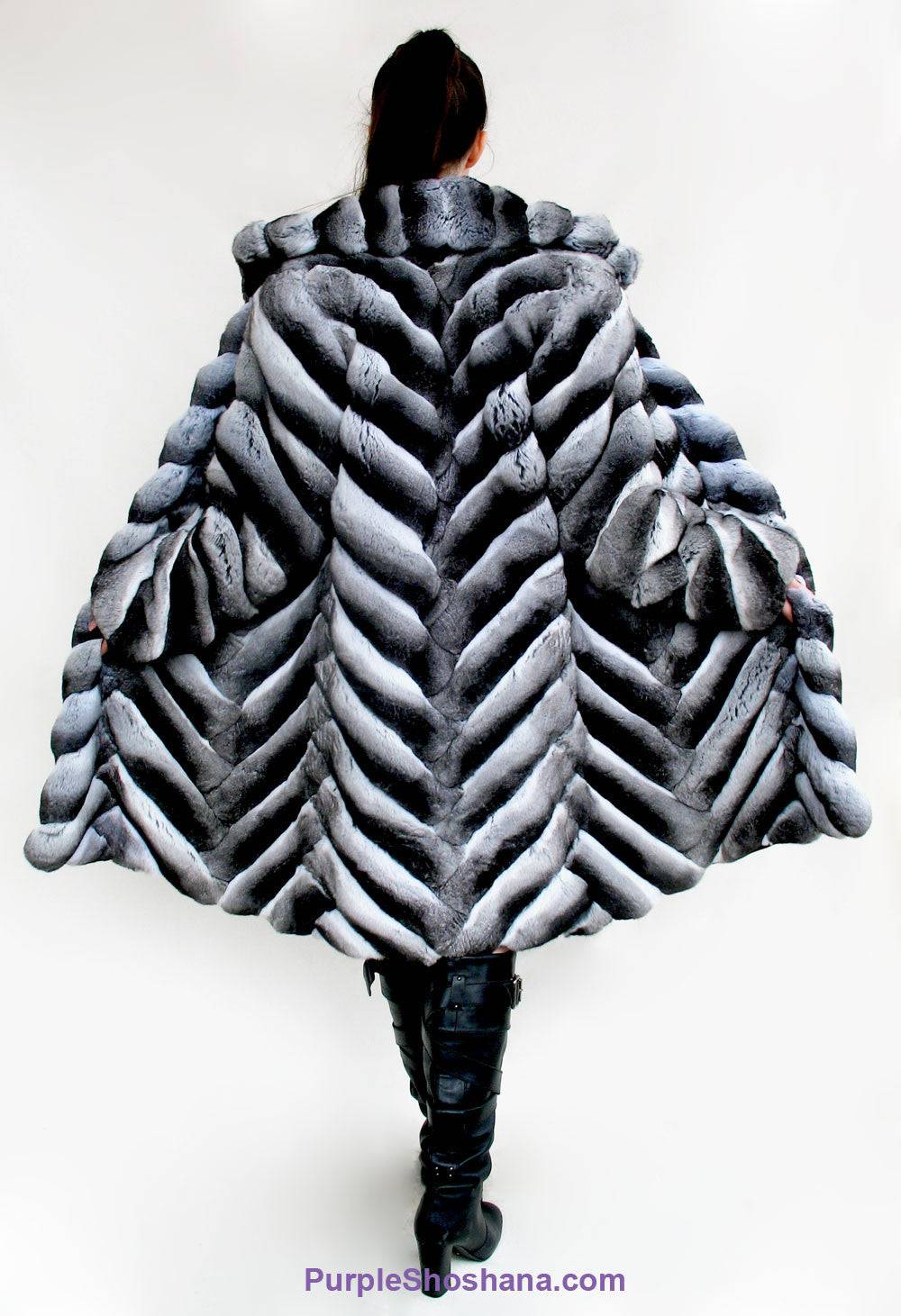 Stunning Black Velvet Genuine Chinchilla Fur Coat S/M– Purple Shoshana Furs